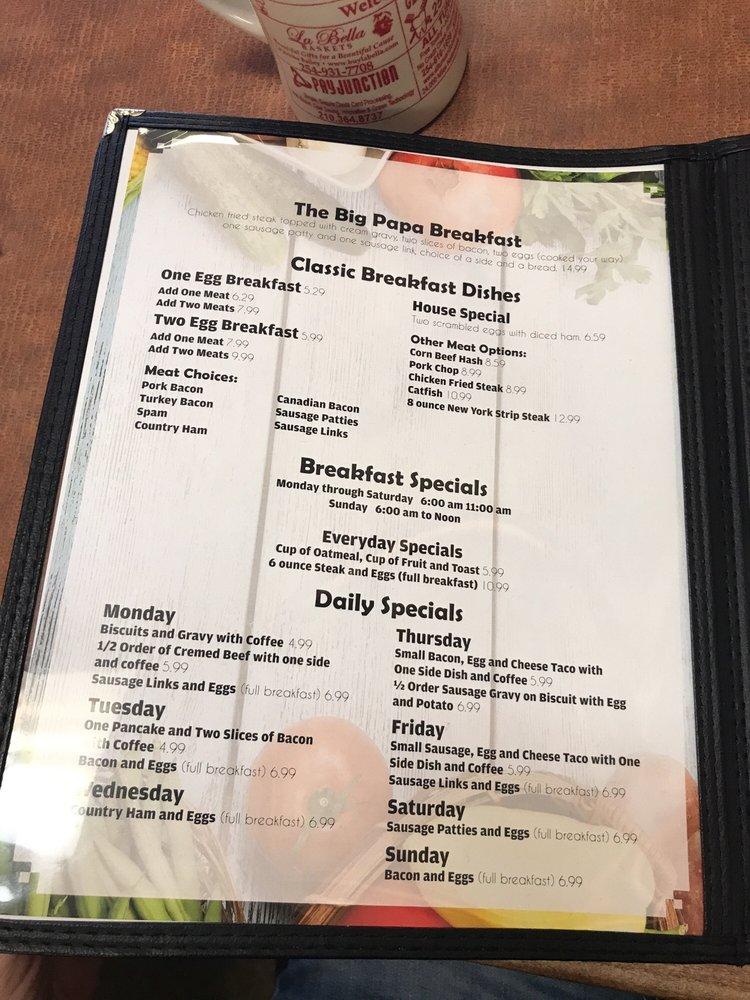 Menu at Papa's Cafe, Harker Heights