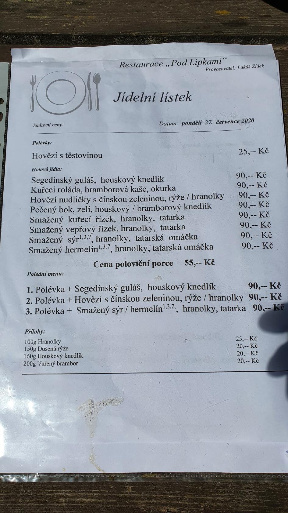 Menu at Restaurace Pod Lipkami restaurant, Nová Bystřice