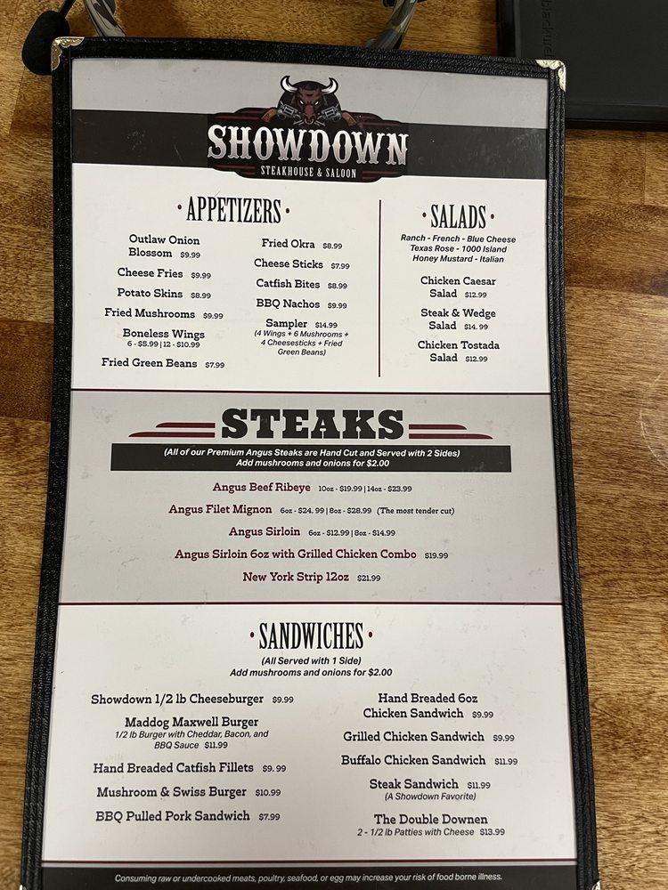 Menu at Show Down Steakhouse & Saloon, Mount Vernon