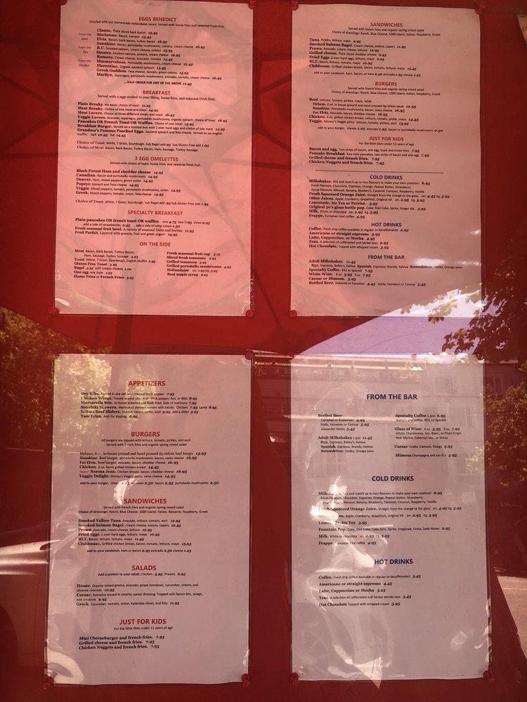 Menu at Sunshine Diner restaurant, Vancouver