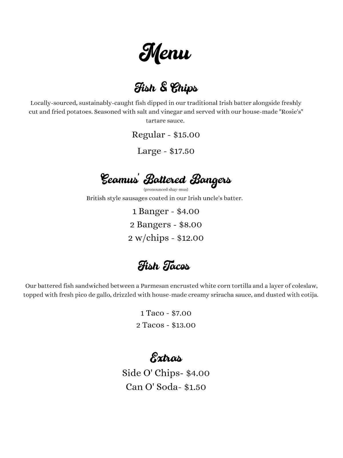 Carta de The Chipper Irish Fish & Chips, Port Orford