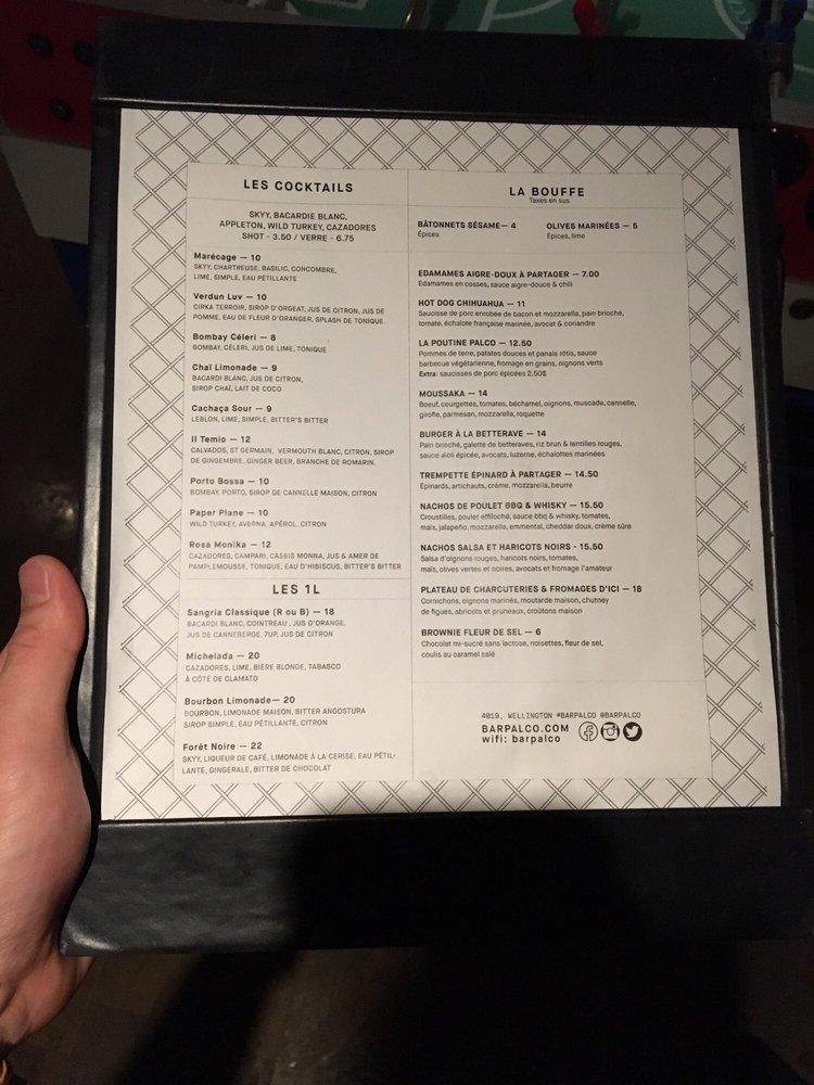 Menu at Bar Palco, Montréal