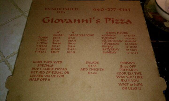 Menu at Giovanni's Pizza pizzeria, Lorain