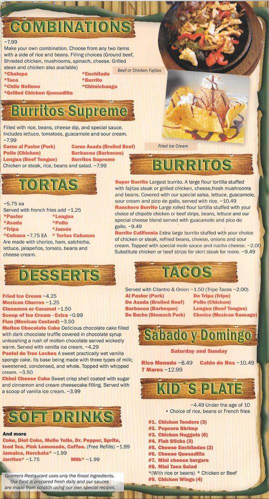 Menu at Guerrero Restaurant, Graham