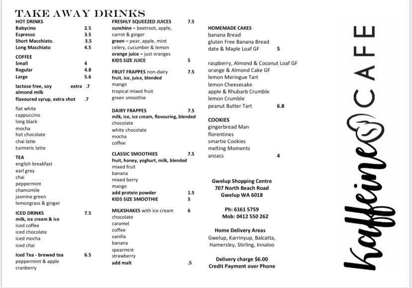 Menu at Kaffeine Cafe, Gwelup