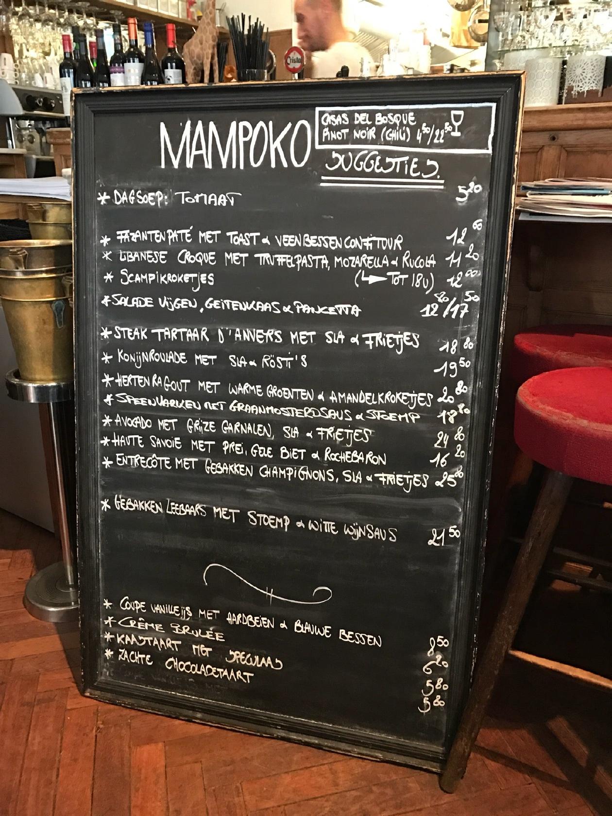 Menu at Mampoko, Antwerp
