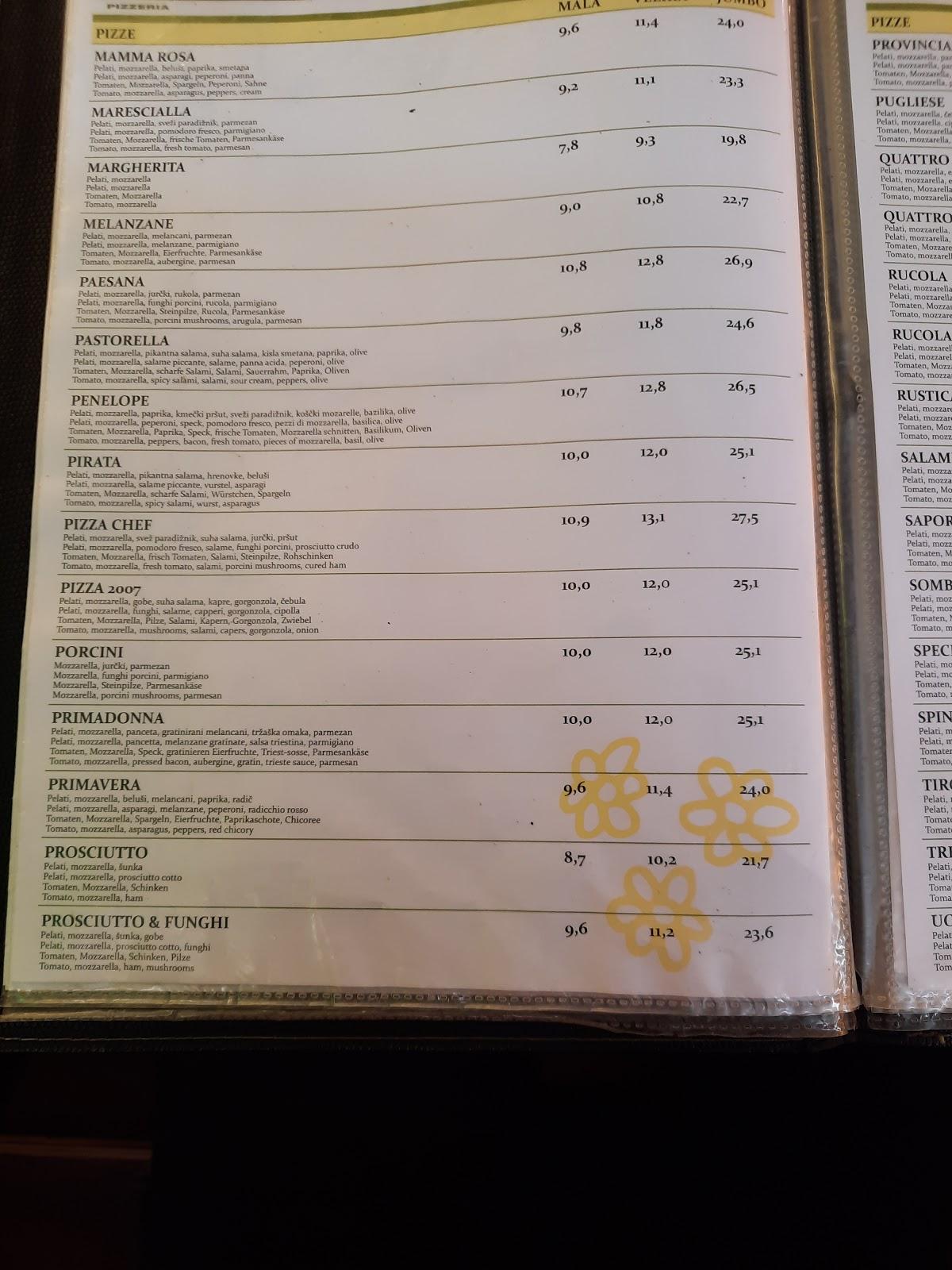 Menu at Primavera restaurant, Izola