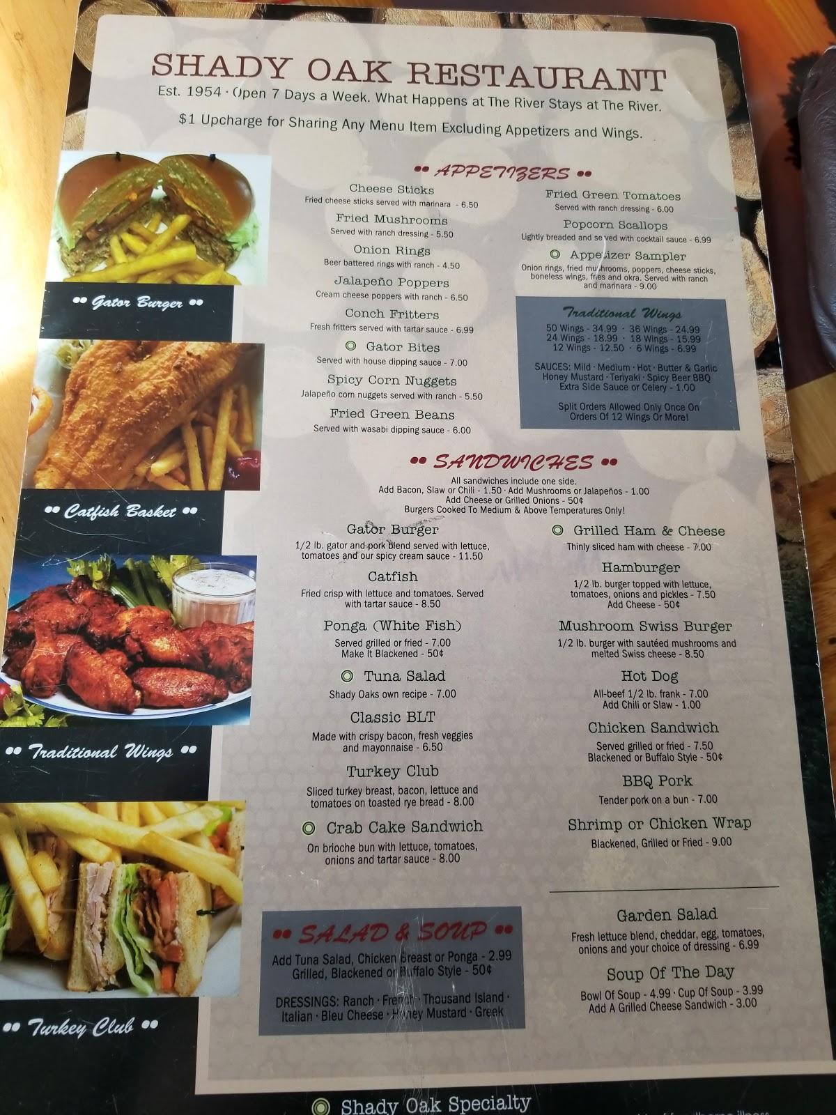 Menu at Shady Oak Restaurant, DeLand, New York Ave W