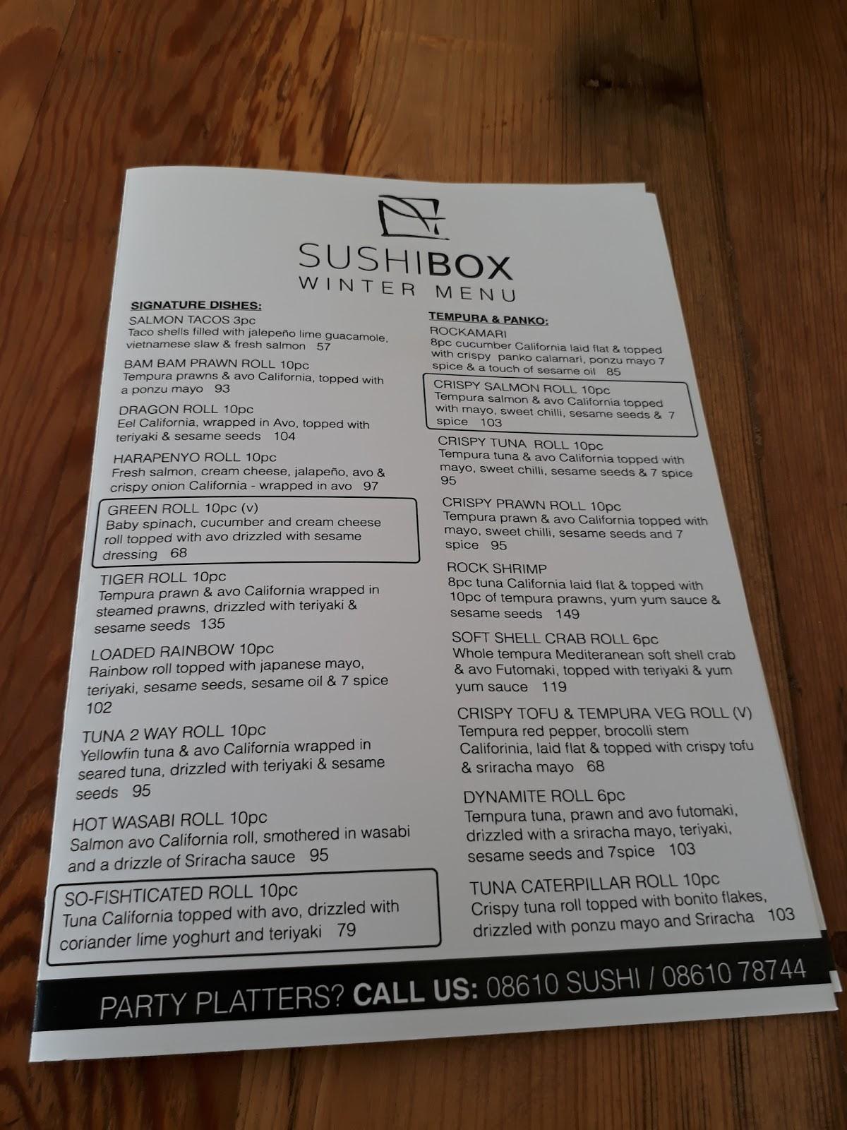 Menu at Sushi Box Willowbridge restaurant, Cape Town, Shop G41