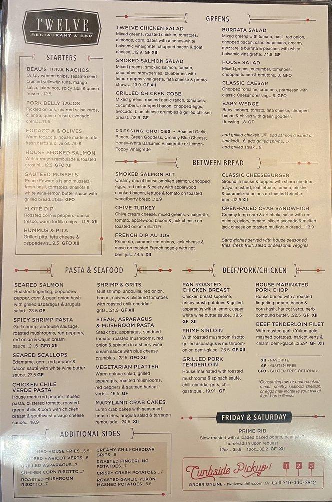 Menu at Twelve Restaurant & Bar, Wichita