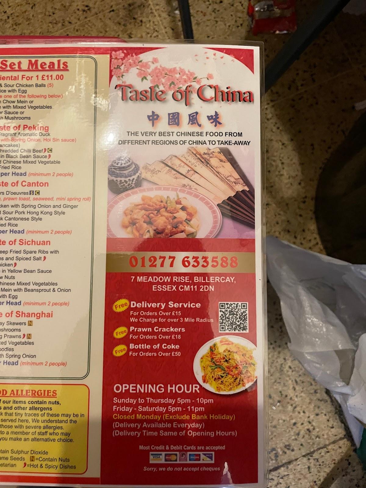 Menu at Taste of China restaurant, Billericay