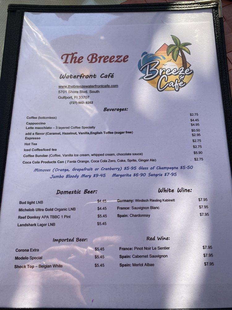 Menu at The Breeze Waterfront Cafe, Gulfport
