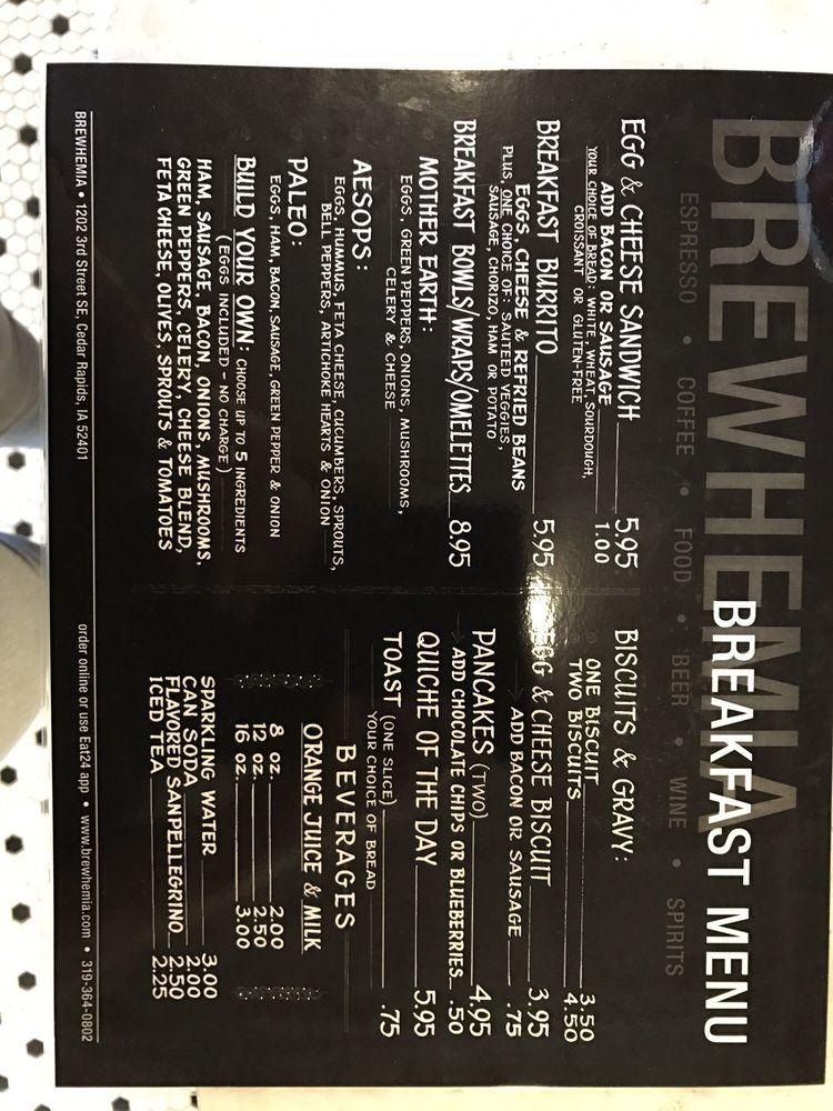 Menu at Brewhemia cafe, Cedar Rapids