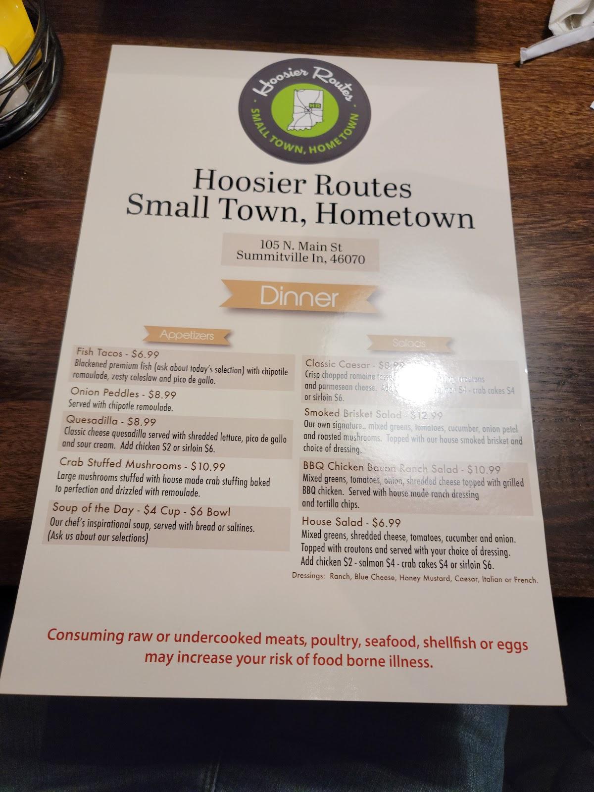 Menu at Hoosier Routes - SMALL TOWN, HOMETOWN restaurant, Summitville