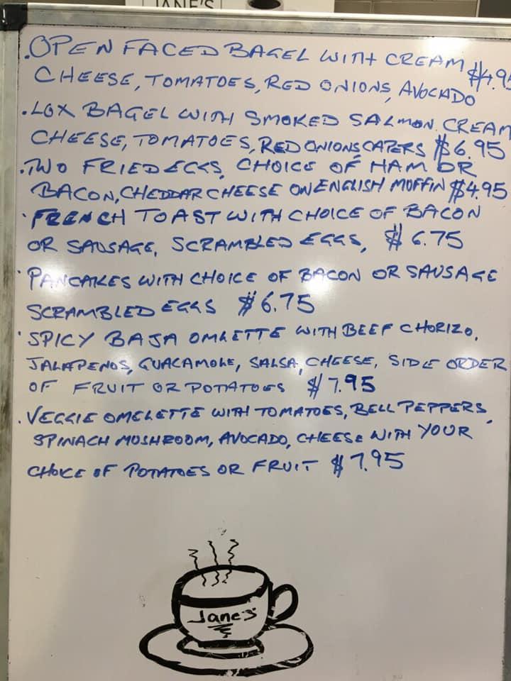 Menu at Jane's Cafe, San Diego