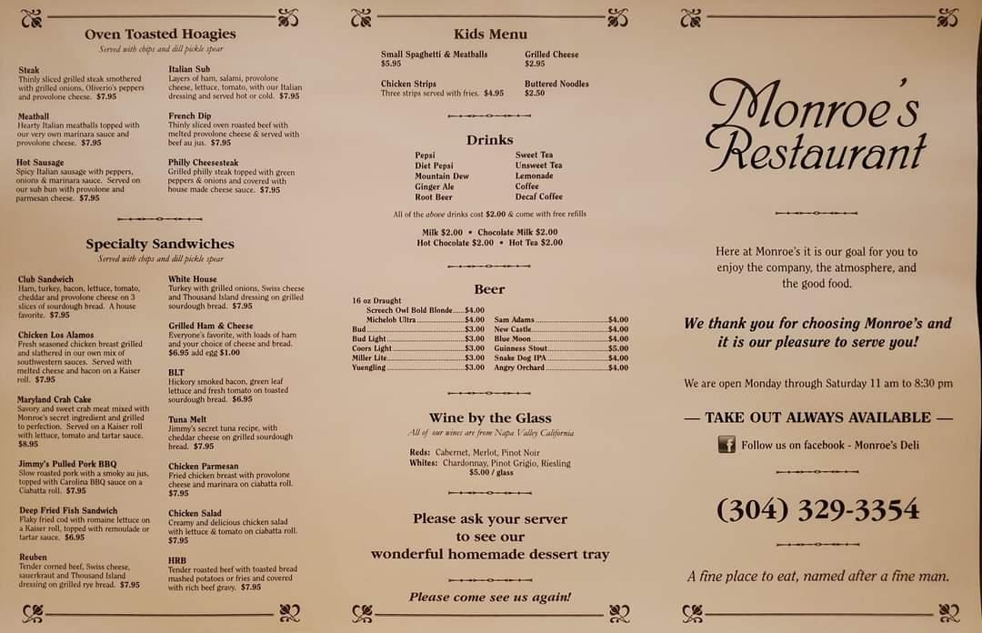 Menu at Monroe's steakhouse, Kingwood