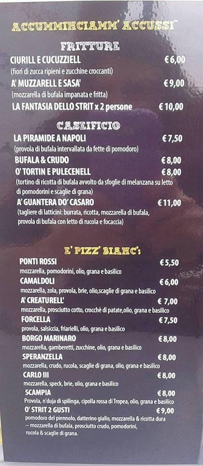Menu at La Vera Pizza Napoletana restaurant, Monza