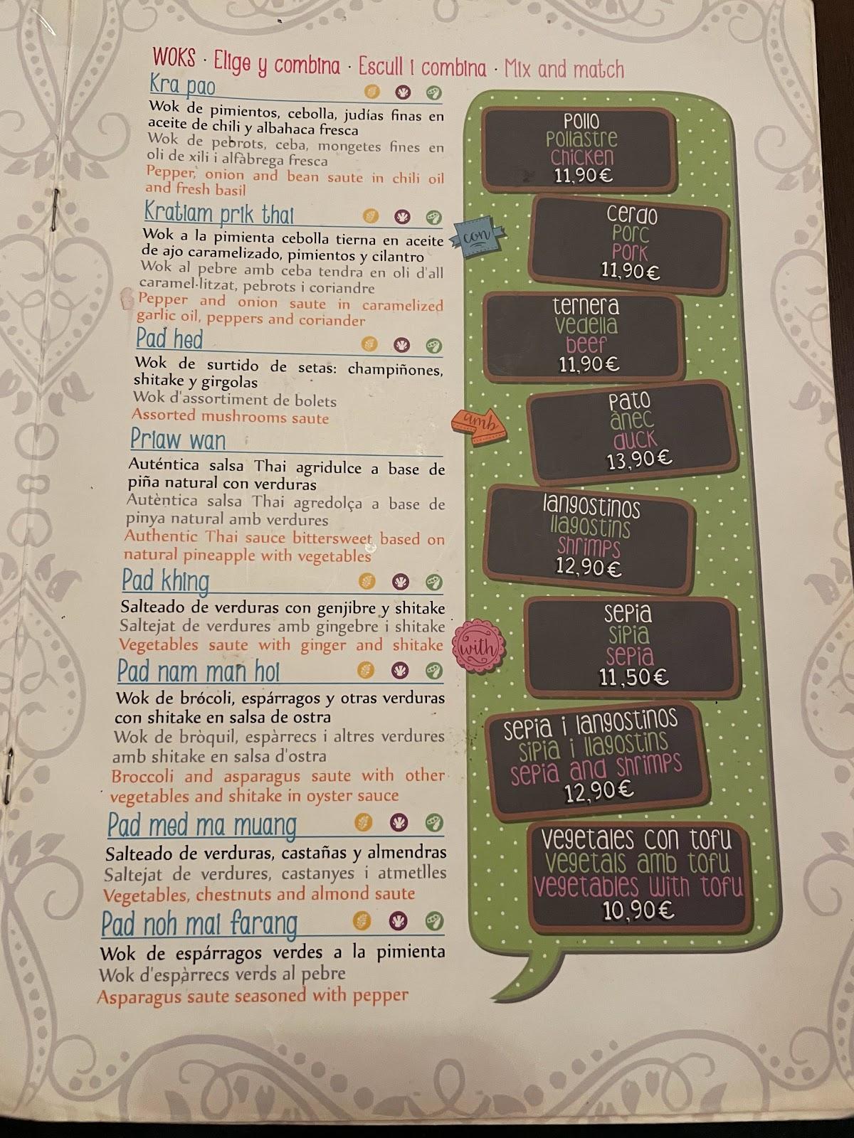 Carta del restaurante Petit Bangkok, Sitges