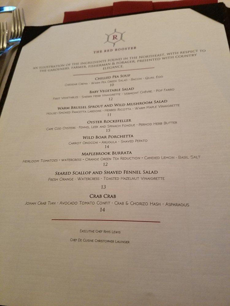Menu at Red Rooster at the Woodstock Inn & Resort restaurant, Woodstock