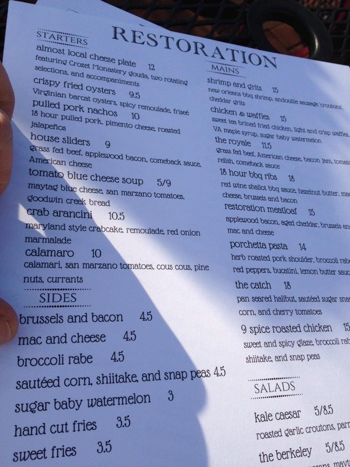Menu at Restoration at Old Trail restaurant, Crozet