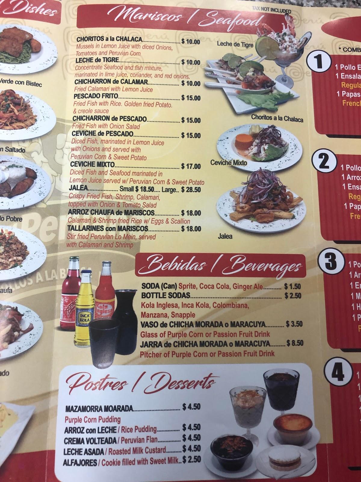 Carta del restaurante Sabor Peruano, Nueva York, 98-53 Corona Ave.