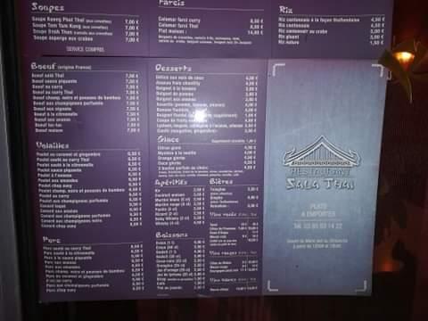 Menu at Sala Thai restaurant, Digoin