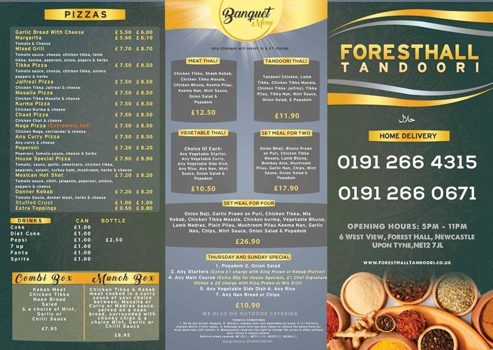 Menu at Foresthall Tandoori restaurant, Newcastle upon Tyne