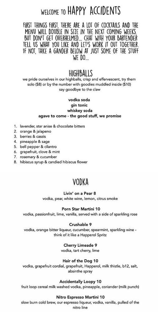 Menu at Happy Accidents pub & bar, Albuquerque
