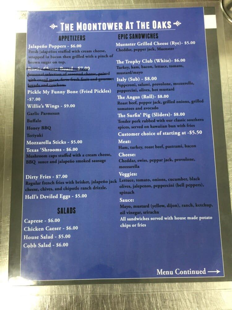 Menu at Moontower at the Oaks pub & bar, Corsicana