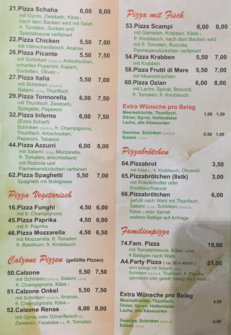 Speisekarte von Pizzeria Restaurant Pinocchio, Harsewinkel