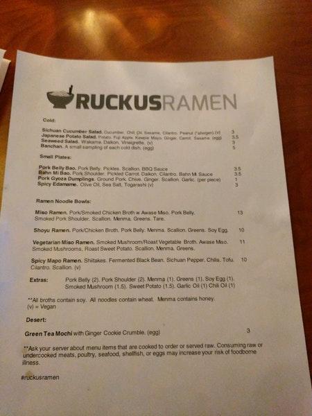 Menu at Ruckus Ramen restaurant, Lansing