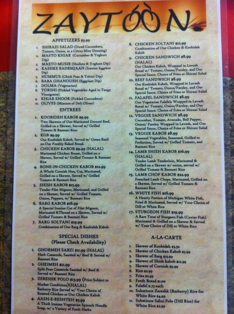 Menu at Zaytoon restaurant, Las Vegas