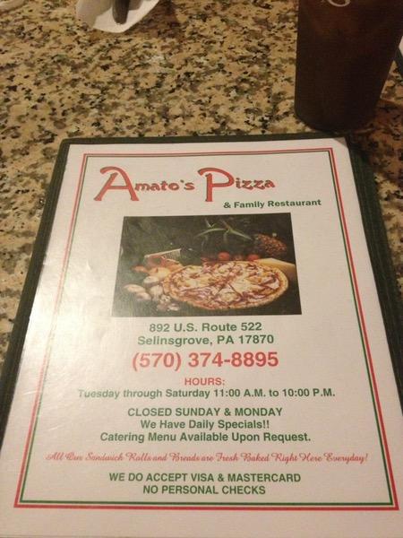 Menu at Amato's pizzeria, Selinsgrove