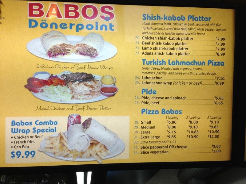 Menu at Babos Donerpoint restaurant, Toronto