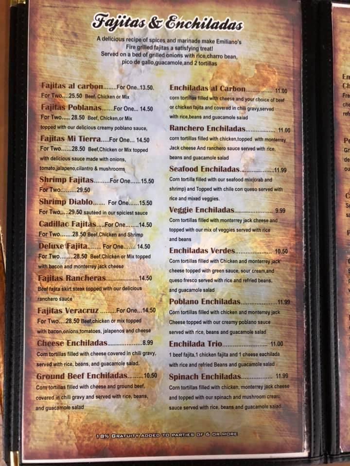 Menu at Emilianos Mexican Grill restaurant, Yoakum