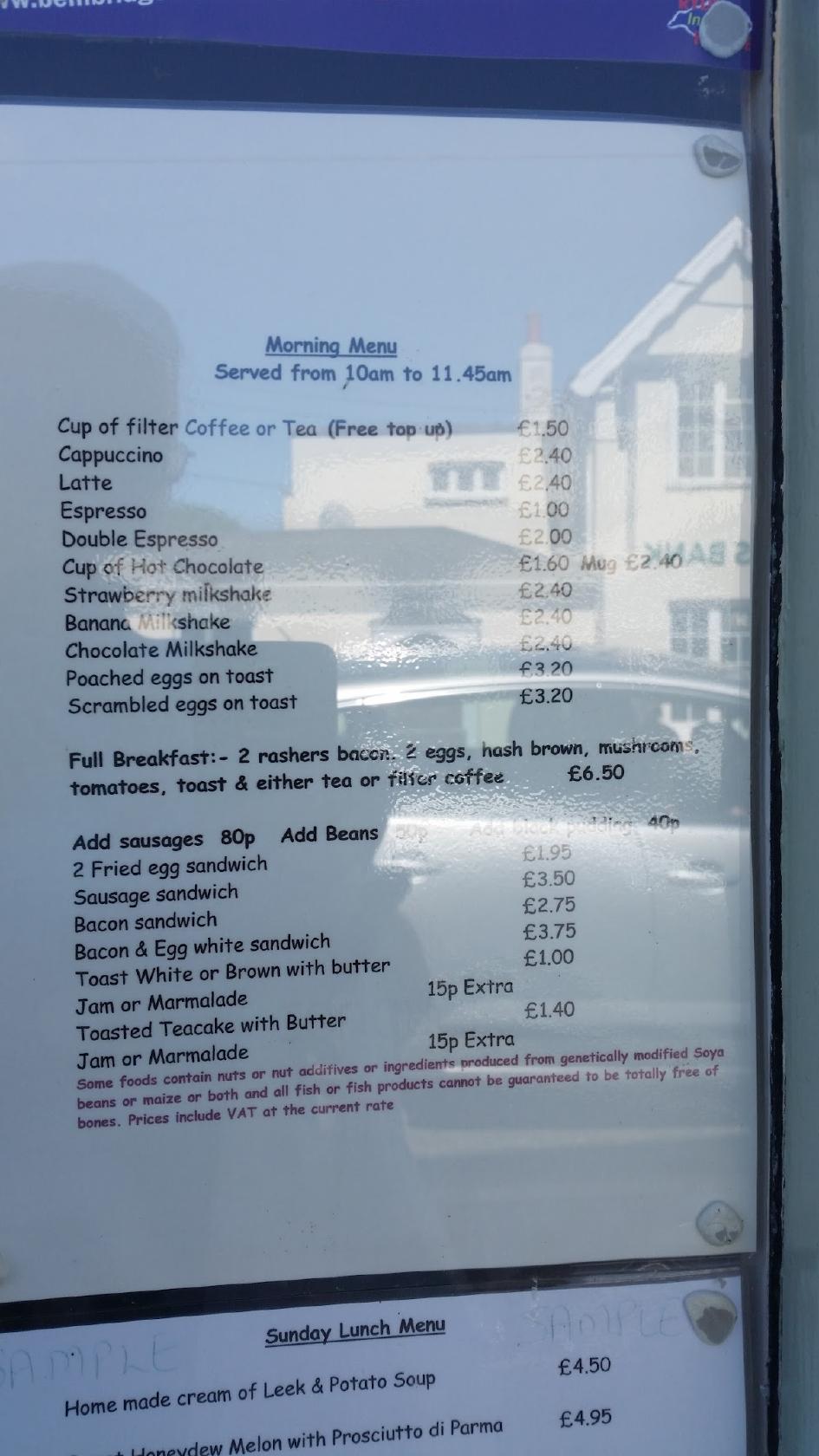 Menu at Little Fox's restaurant, Bembridge