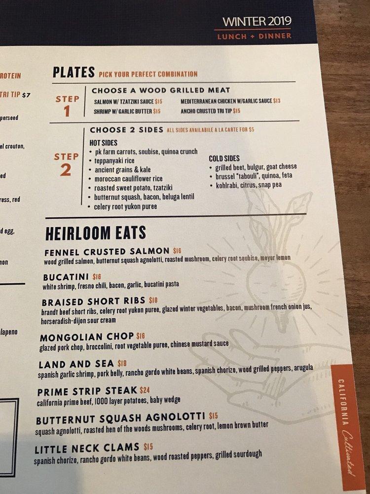 Menu at Heirloom restaurant, Fresno