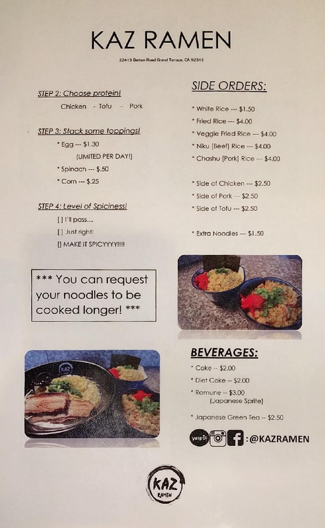 Menu at Kaz Ramen restaurant, Grand Terrace