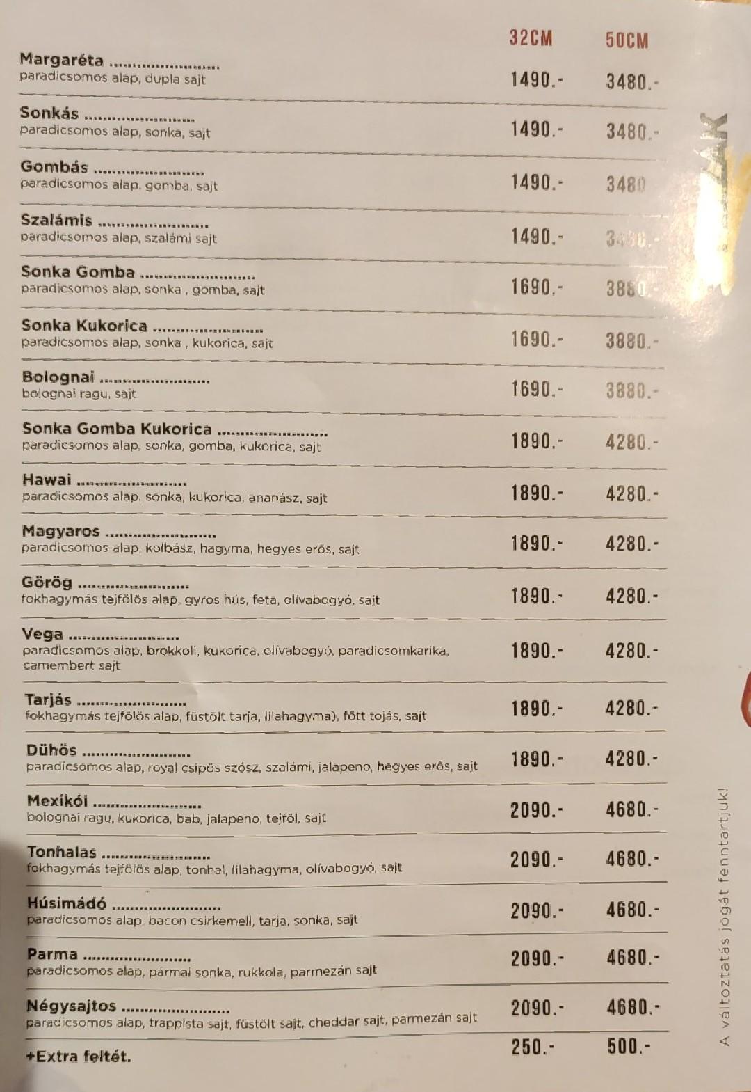 Menu at Royal Bistro restaurant, Telki