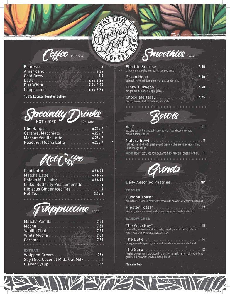 Menu at Sacred Art Tattoo and Coffee Bar, Honolulu