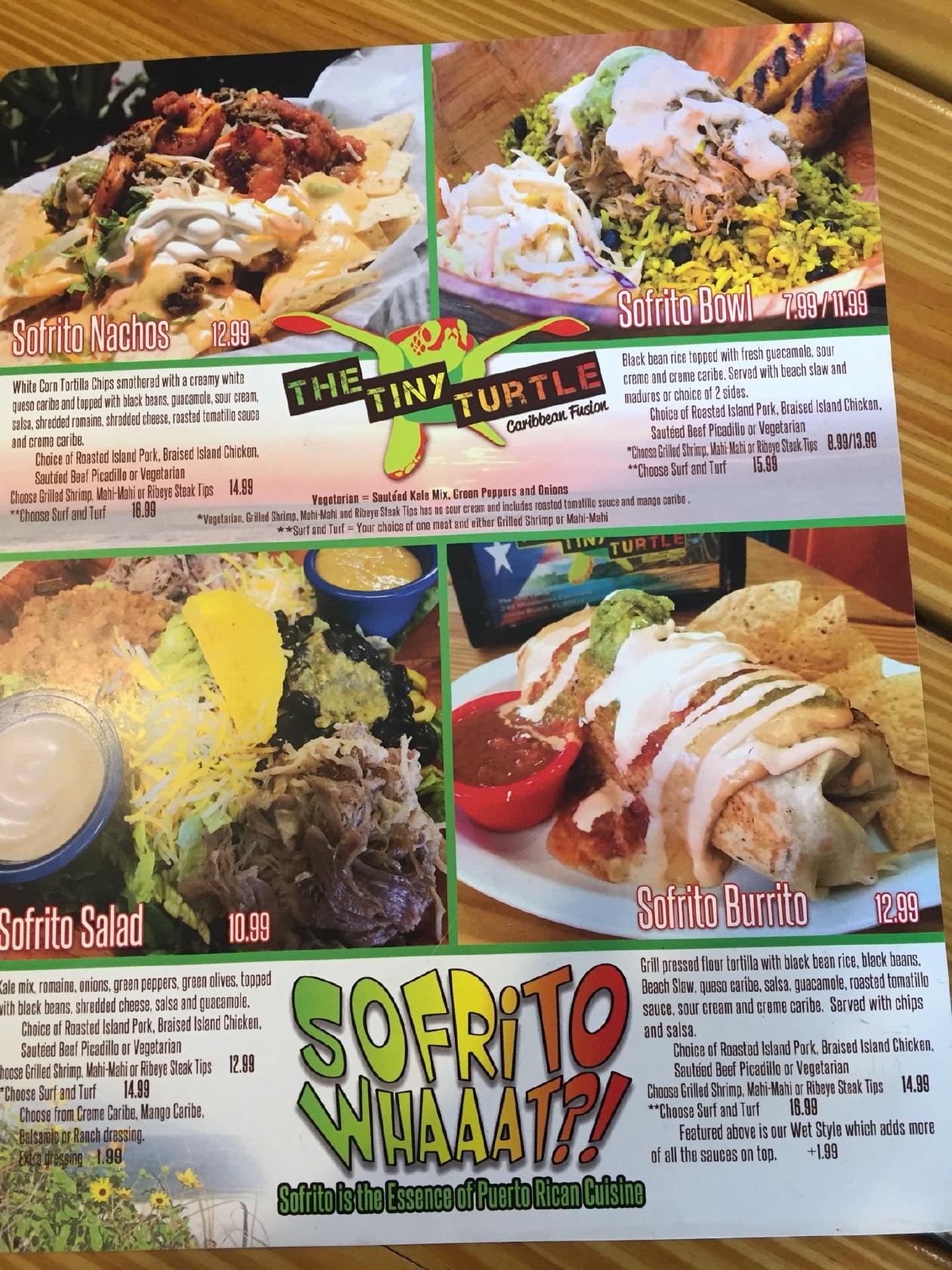 Menu at The Tiny Turtle restaurant, Cocoa Beach