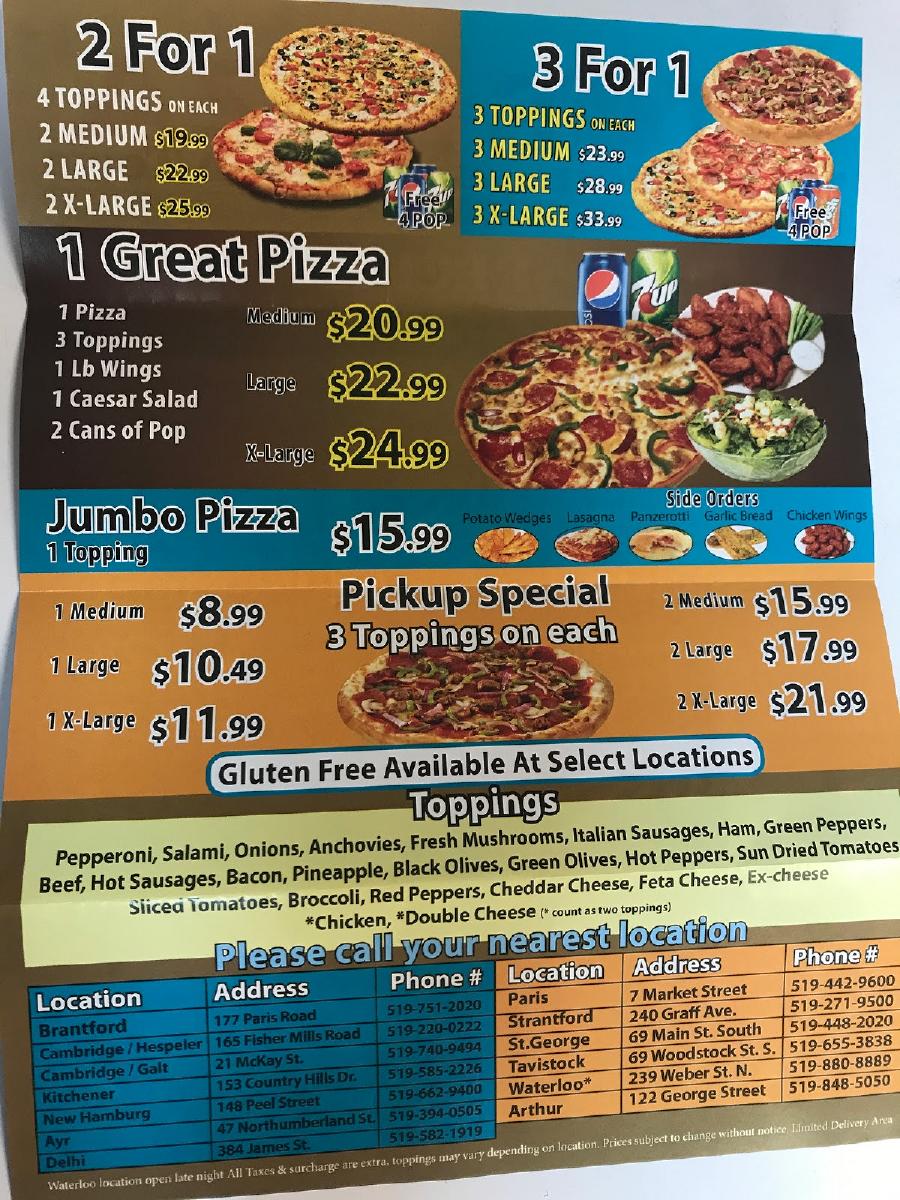 Menu at Tito's Pizza restaurant, Ayr