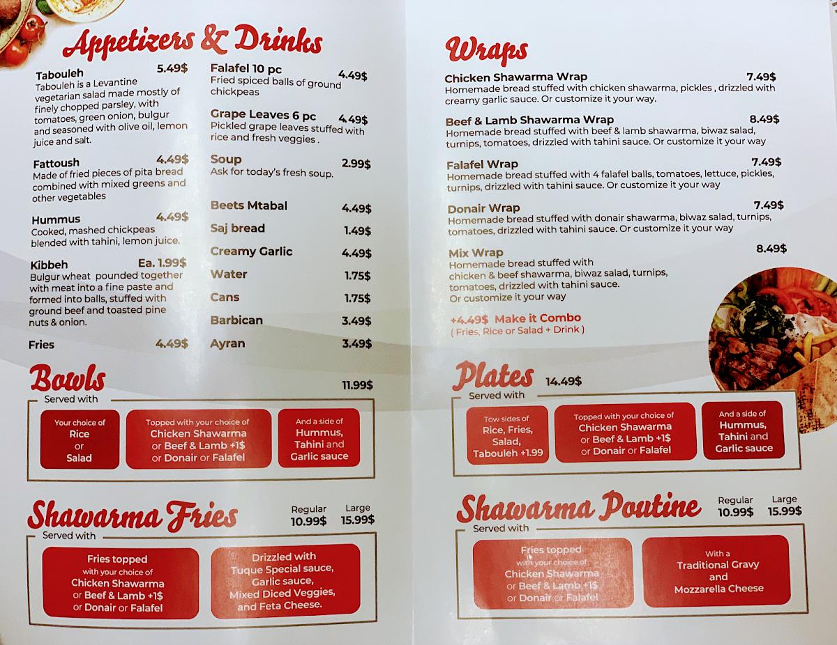 Menu at Tuque Shawarma restaurant, Strathroy