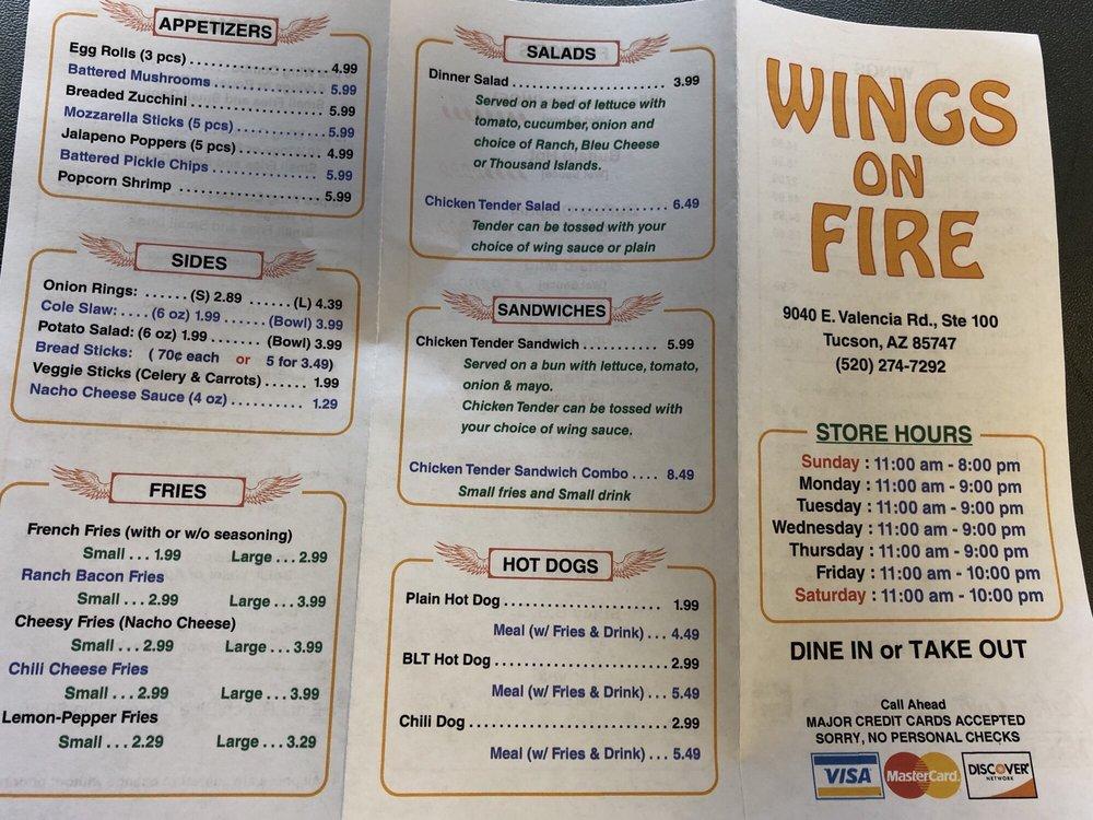 Menu at Wings on Fire restaurant, Tucson