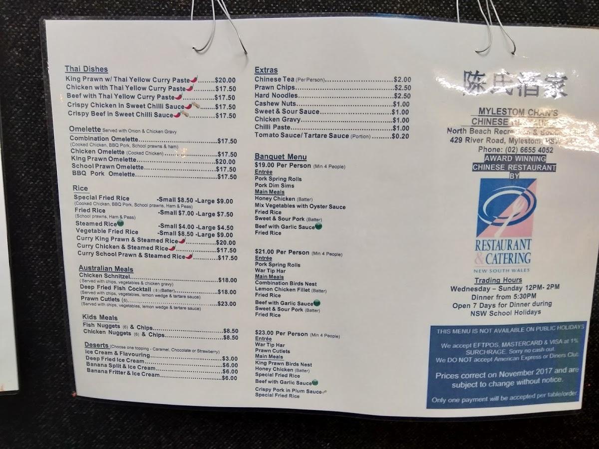 Menu at Chan's Chinese Restaurant Mylestom, Mylestom