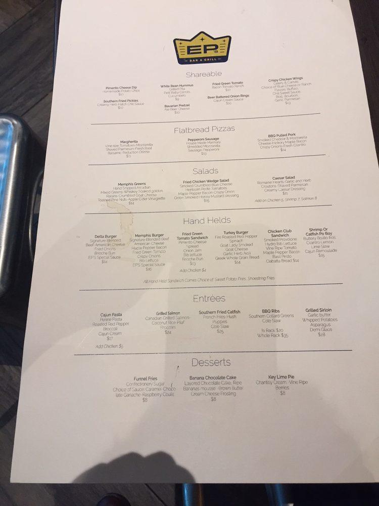 Menu at EP's Bar & Grill, Memphis