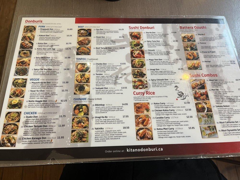 Menu at Kita No Donburi restaurant, Vancouver