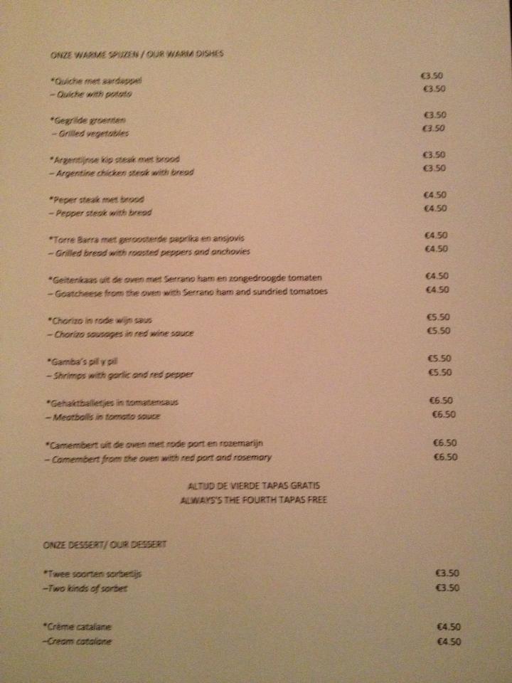 Menu au Bodega Vino, La Haye