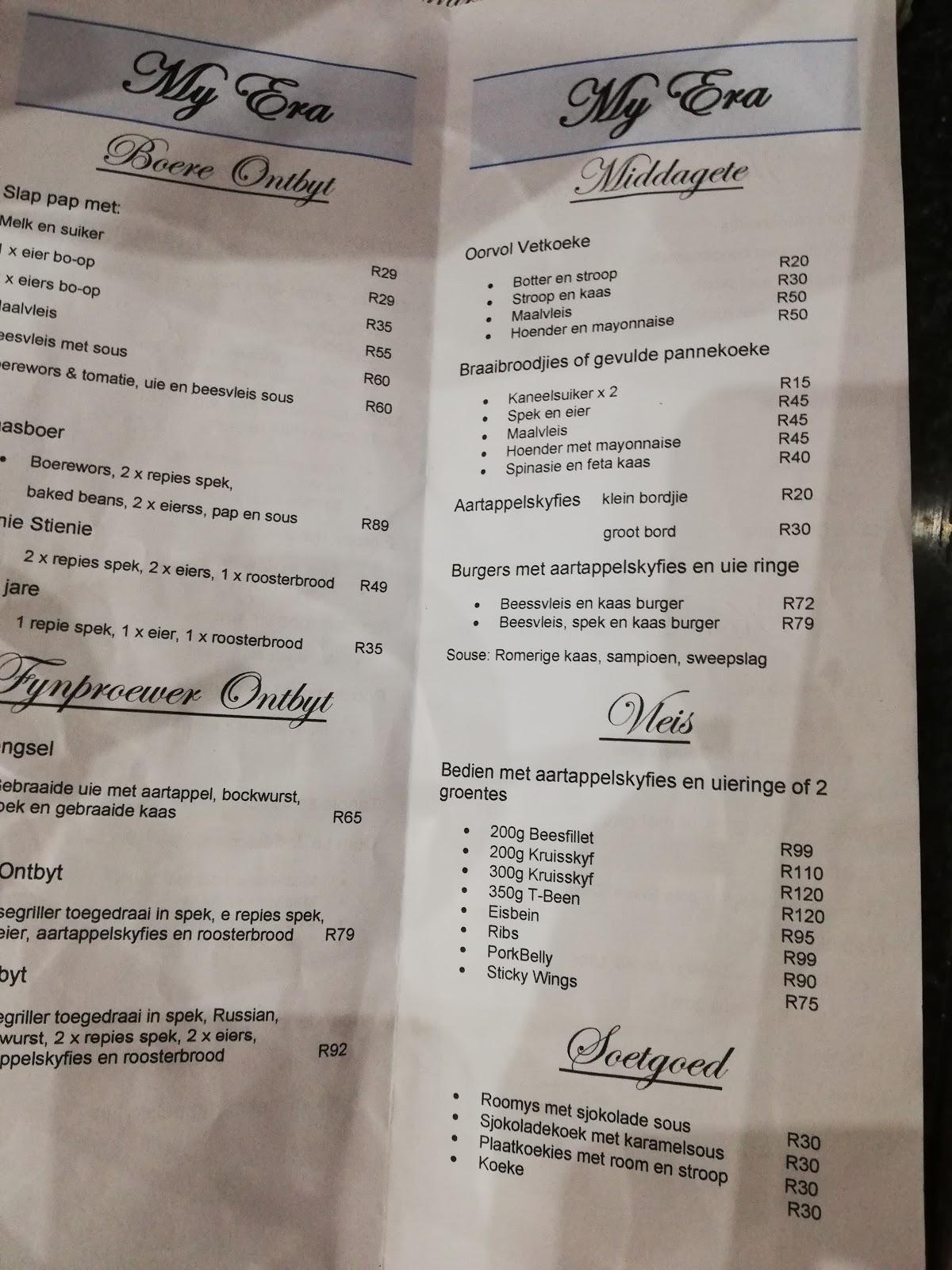 Menu at My Era Restaurant, Roodepoort