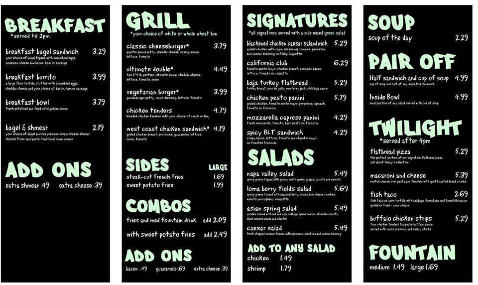 Menu at Point Break cafe, San Diego, Lomaland Dr